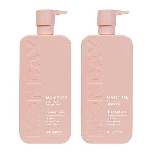 MONDAY HAIRCARE Moisture Shampoo + Conditioner Set (2 Pack) 30oz Each, Dry, Coarse, Stressed, Coily & Curly Hair, Made from Coconut Oil, Rice Protein, Shea Butter, & Vitamin E, 100% Recyclable Bottles