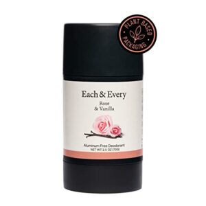 each & every natural aluminum-free deodorant for sensitive skin with essential oils, plant-based packaging, rose & vanilla, 2.5 oz.