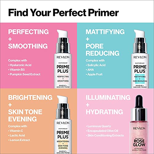 Face Primer by Revlon, PhotoReady Prime Plus Face Makeup for All Skin Types, Blurs & Fills in Fine Lines, Infused with Vitamin B5 and Hyaluronic Acid, Perfecting & Smoothing, 1 Oz