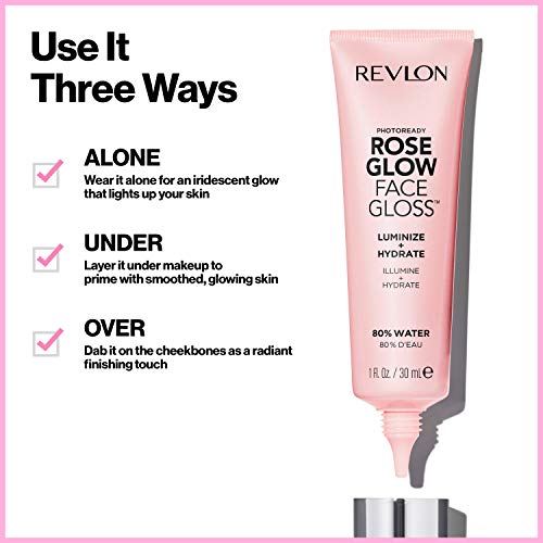 Face Primer by Revlon, PhotoReady Face Gloss Rose Glow, Face Makeup for All Skin Types, Hydrates, Illuminates & Moisturizes, Infused with Glycerin & Olive Oil Extract, 80% Water, 1 Fl Oz