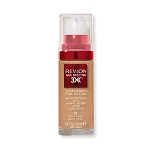 revlon age defying 3x makeup foundation, firming, lifting and anti-aging medium, buildable coverage with natural finish spf 20, 055 cool beige, 1 fl oz