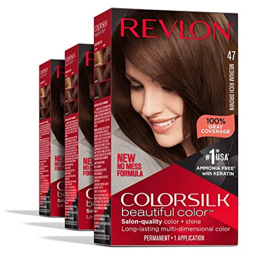 Permanent Hair Color by Revlon, Permanent Brown Hair Dye, Colorsilk with 100% Gray Coverage, Ammonia-Free, Keratin and Amino Acids, Brown Shades, 47 Medium Rich Brown (Pack of 3)