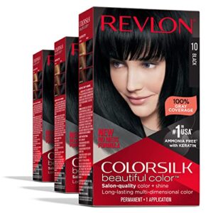 permanent hair color by revlon, permanent black hair dye, colorsilk with 100% gray coverage, ammonia-free, keratin and amino acids, black shades, 10 black (pack of 3)