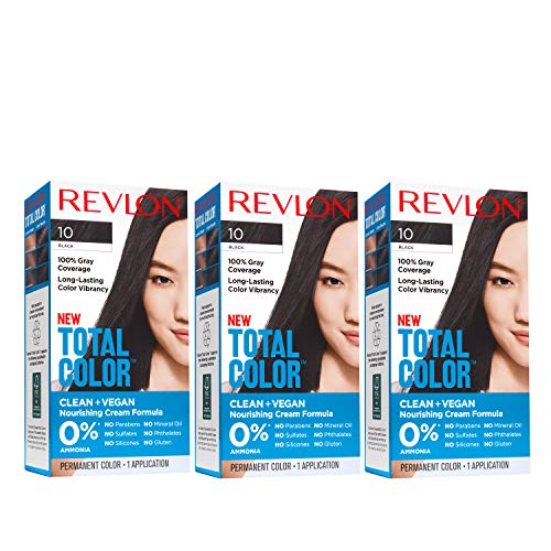 Permanent Hair Color by Revlon, Permanent Hair Dye, Total Color with 100% Gray Coverage, Clean & Vegan, 10 Black, 10.2 Oz (Pack of 3)