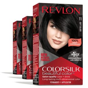 permanent hair color by revlon, permanent hair dye, colorsilk with 100% gray coverage, ammonia-free, keratin and amino acids, 11 soft black, 4.4 oz (pack of 3)