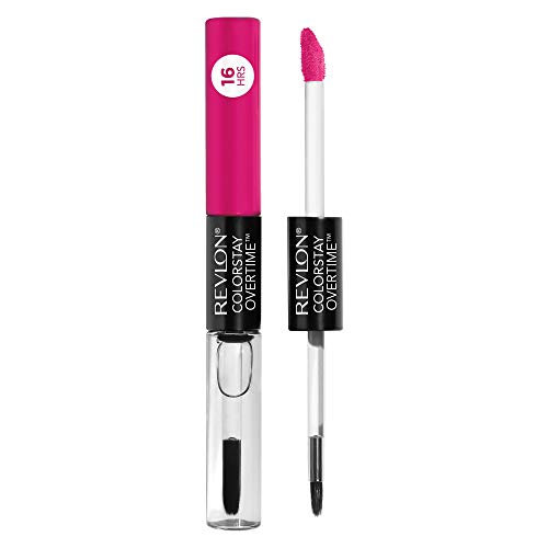 Liquid Lipstick with Clear Lip Gloss by Revlon, ColorStay Face Makeup, Overtime Lipcolor, Dual Ended with Vitamin E in Pink, All Night Fuchsia (470), 0.07 Oz