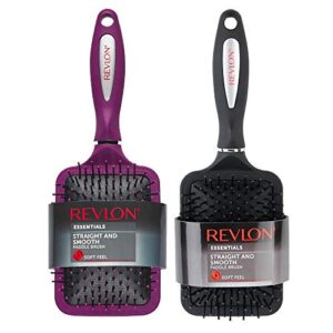 revlon straight & smooth soft touch paddle hair brush set, black + berry