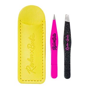 revlon x barbie mini tweezer set, stainless steel hair removal makeup tool, includes slant tip & pointed tip tweezers in travel case