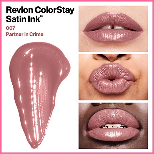 Liquid Lipstick by Revlon, Face Makeup, ColorStay Satin Ink, Longwear Rich Lip Colors, Formulated with Black Currant Seed Oil, 007 Partner in Crime, 0.17 Fl Oz