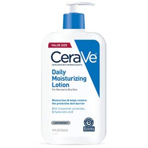 cerave daily moisturizing lotion for dry skin | body lotion & facial moisturizer with hyaluronic acid and ceramides | fragrance free | 19 ounce