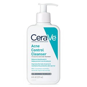 cerave face wash acne treatment | 2% salicylic acid cleanser with purifying clay for oily skin | blackhead remover and clogged pore control | fragrance free, paraben free & non comedogenic| 8 ounce