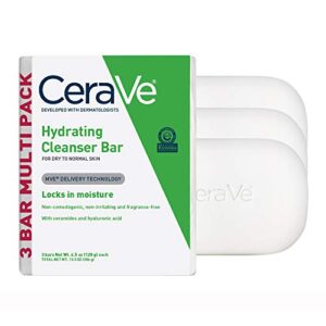 cerave hydrating cleanser bar | soap-free body and facial cleanser with 5% cerave moisturizing cream | fragrance-free | 3-pack, 4.5 ounce each