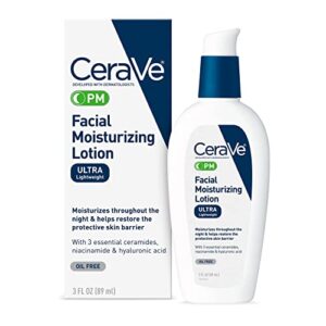 cerave pm facial moisturizing lotion | night cream with hyaluronic acid and niacinamide | ultra-lightweight, oil-free moisturizer for face | 3 ounce