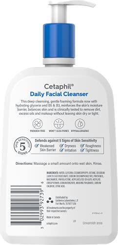 Cetaphil Face Wash, Daily Facial Cleanser for Sensitive, Combination to Oily Skin, NEW 20 oz, Gentle Foaming, Soap Free, Hypoallergenic