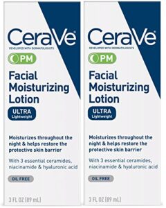 cerave facial moisturizing lotion pm | 3 ounce (pack of 2) | ultra lightweight, night face moisturizer | fragrance free