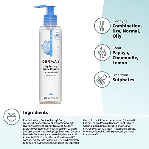 DERMA E Hydrating Gentle Cleanser with Hyaluronic Acid – Moisturizing Facial Cleanser Tones, Moisturizes & Improves Skin Texture – Gently Exfoliating Papaya Face Wash, 6 fl oz