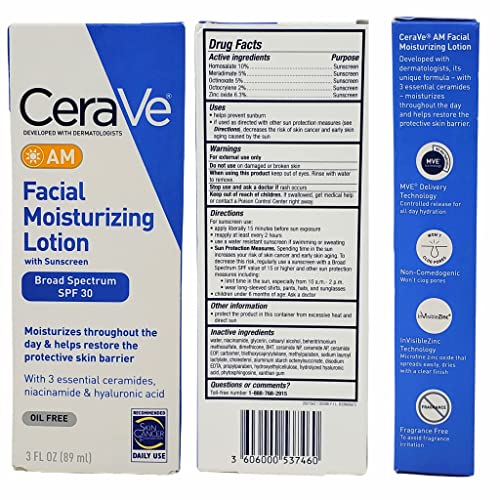 CeraVe Daily Skincare Facial Bundle - Foaming Facial Cleanser (16 oz), AM Facial Moisturizing Lotion with Sunscreen (3 oz), and PM Facial Moisturizing Lotion (3 oz)