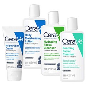 cerave travel size toiletries skin care set | contains cerave moisturizing cream, lotion, foaming face wash, and hydrating face wash | fragrance free