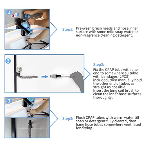 Jakia CPAP Tube Hose Cleaning Brush Kit 7 ft Strong Flexible Spring Body with Double Brush Heads Each 8.7" and 6.7“ Diameters Plus Two 7" Handy Brushes, 2 Bandage Ties and 2 Hose Bushing