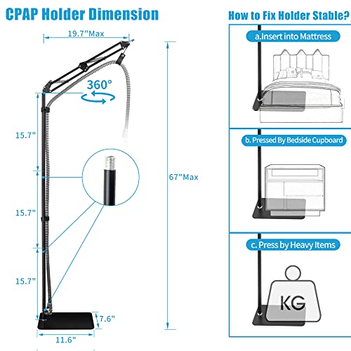 CPAP Hose Tube Holder Support Clamp Clip Hook Support Bedside Storage Kit_Metal Structure Strong_5.6 ft Max High_Angle Height Adjustable_Prevent Hose Loose Tangle Air Leakage During Sleep