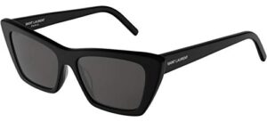 saint laurent women’s narrow cat eye sunglasses, shiny black/grey green, one size