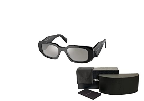 Prada PR17WS 1AB2B0 49MM Black/Light Grey Mirror Silver Rectangle Sunglasses for Women + BUNDLE With Designer iWear Complimentary Eyewear Kit