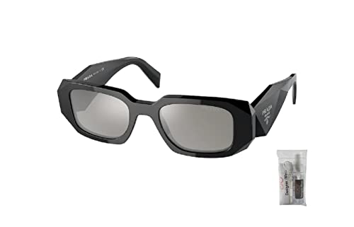 Prada PR17WS 1AB2B0 49MM Black/Light Grey Mirror Silver Rectangle Sunglasses for Women + BUNDLE With Designer iWear Complimentary Eyewear Kit