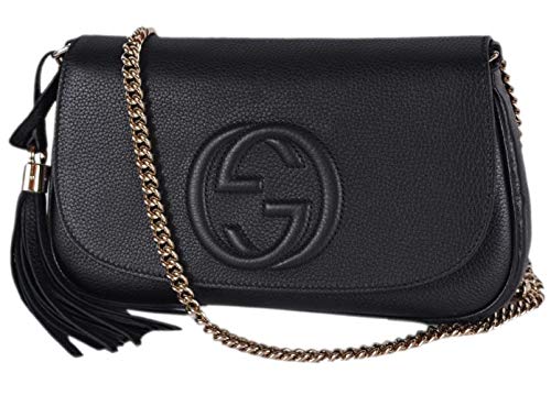 Gucci Soho Leather Flap Shoulder Bag Black Gold Tassel New Authentic