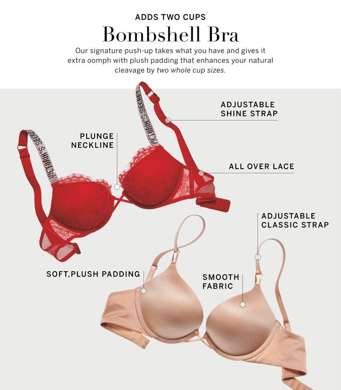 Victoria's Secret Very Sexy Bombshell Add-2-Cups Lace Shine Strap Push-Up Bra, Lipstick, 34B