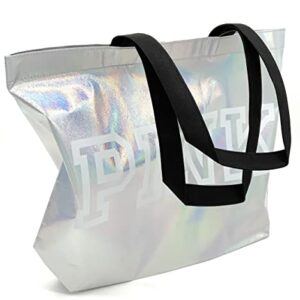 Victoria's Secret PINK XL Iridescent Silver Canvas Shopper Tote Bag, 22" x 16" x 6"