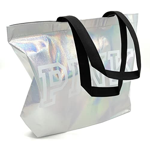 Victoria's Secret PINK XL Iridescent Silver Canvas Shopper Tote Bag, 22" x 16" x 6"