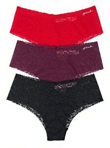 victoria’s secret pink cheekster panty set of 3 medium no show lace red / maroon / black