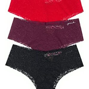 Victoria's Secret PINK Cheekster Panty Set of 3 Medium No Show Lace Red / Maroon / Black