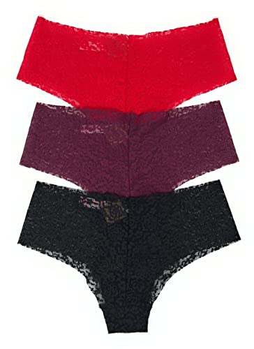 Victoria's Secret PINK Cheekster Panty Set of 3 Medium No Show Lace Red / Maroon / Black