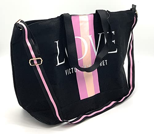 Victoria's Secret Weekender Tote Bag, Black Pink Stripes Love