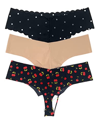 Victoria's Secret No Show Thong Panty Set of 3 Large Black Dot Scallop / Nude / Cherries