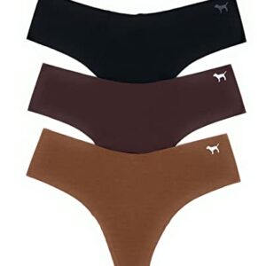 Victoria's Secret PINK Thong Panty Set of 3 Medium No-show Black / Burnt Umber / Cappuccino