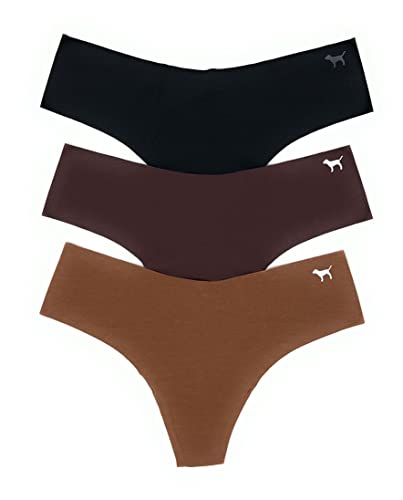 Victoria's Secret PINK Thong Panty Set of 3 Medium No-show Black / Burnt Umber / Cappuccino