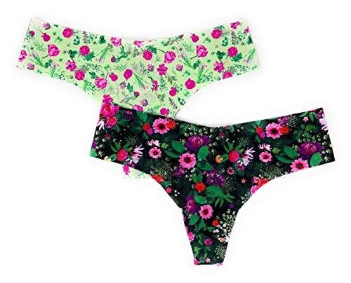 Victoria's Secret No-Show Thong Panty, Green Floral/Black Floral, Large