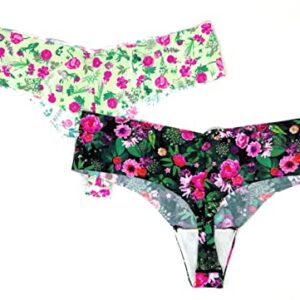 Victoria's Secret No-Show Thong Panty, Green Floral/Black Floral, Large