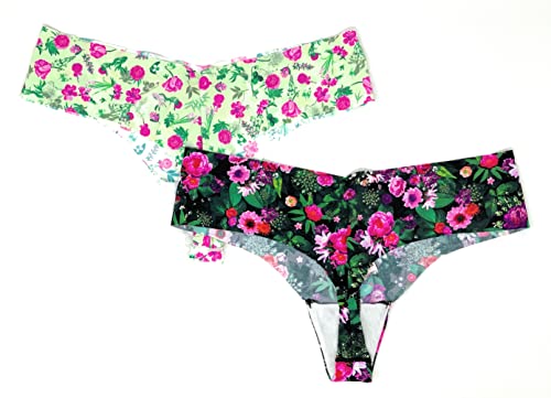 Victoria's Secret No-Show Thong Panty, Green Floral/Black Floral, Large