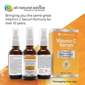 Vitamin C Serum For Face - All Natural Advice, with Hyaluronic Acid & Vitamin E – Facial Serum for Deep Hydration - Organic Face Care -Proud Canadian Company (60ml / 2oz)