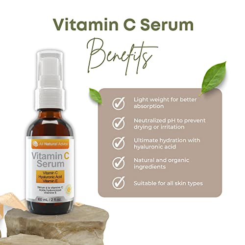 Vitamin C Serum For Face - All Natural Advice, with Hyaluronic Acid & Vitamin E – Facial Serum for Deep Hydration - Organic Face Care -Proud Canadian Company (60ml / 2oz)