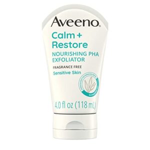 aveeno calm + restore nourishing pha facial exfoliator daily for sensitive skin, fragrance-free & non-abrasive oat formula to gently exfoliate & cleanse skin, hypoallergenic, 4 fl. oz