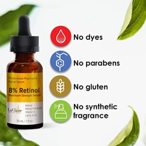 Retinol Complex Face Serum – Anti-Aging, Brightening Neck & Facial Serum Helps Firm, Smooth, & Nourish Skin with Lactic Acid, Vitamin A, & Retinyl Palmitate – Anti Wrinkle Serums by LaClaire, 30 ml