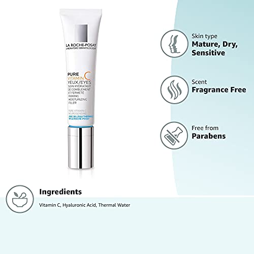 La Roche-Posay Redermic C Pure Vitamin C Eye Cream with Hyaluronic Acid to Reduce Wrinkles for Anti-Aging Effect, 0.5 Fl Oz (Pack of 1)