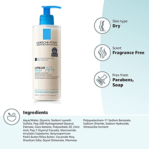 La Roche Posay Lipikar Wash AP+ Body & Face Wash with Pump, Gentle Daily Cleanser with Shea Butter & Niacinamide for Extra Dry Skin, Allergy Tested