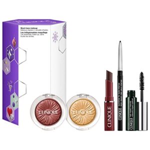 clinique must-have makeup set:: quickliner for eyes intense black, high impact mascara black, almost lipstick black honey, cheek pop highlighter gold celebration pop and cheek pop black honey