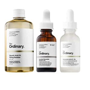 the ordinary face serum set! ascorbic acid 8%+alpha arbutin 2%! hyaluronic acid 2%+b5! glycolic acid 7% toning solution! help fight visible blemishes and improved skin radiance!