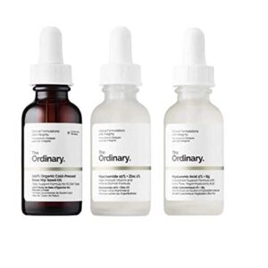 the ordinary 3 bottles face serum set! hyaluronic acid serum, rosehip oil and niacinamide serum! hyaluronic acid 2% + b5! niacinamide 10% + zinc 1%! organic cold pressed rosehip oil